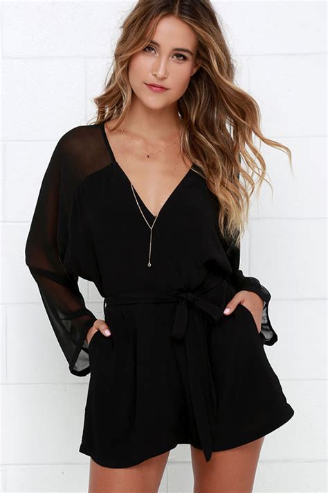 Sexy Black Romper Sheer Romper Long Sleeve Romper 54 00 Lulus