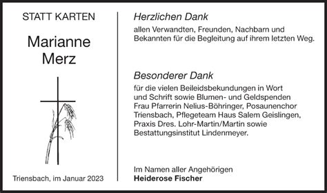 Traueranzeigen von Marianne Merz Südwest Presse Trauer