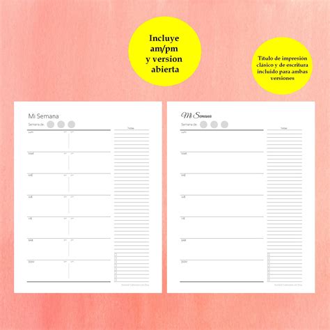 Semana a la Vista Una Semana por Página Inserciones Etsy