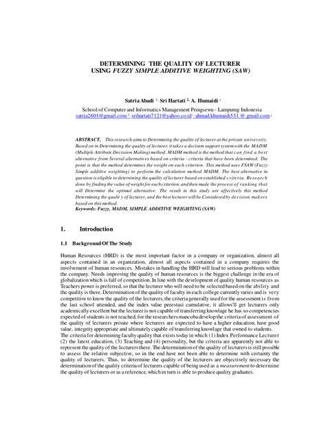 pdf determining the quality of lecturer using fuzzy simple additive weighting saw