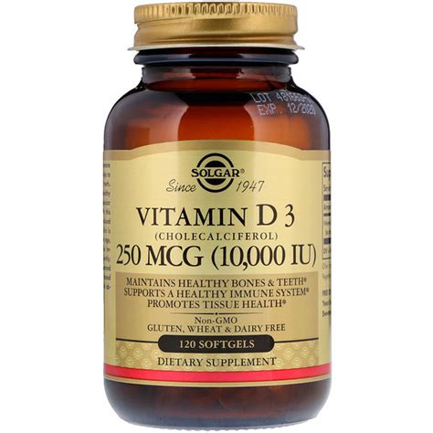 Solgar Vitamin D3 Cholecalciferol 250 Mcg 10 000 IU 120 Softgels