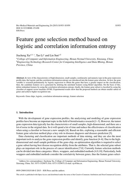 pdf feature gene selection method based on logistic and correlation information entropy