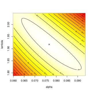 Contour of the log likelihood function of α and λ from COVID 19 data