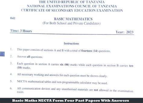Basic Maths NECTA Form Four Past Papers With Answers FORM FOUR