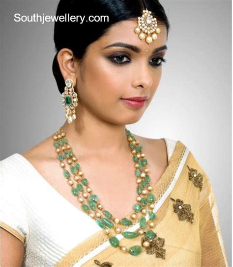22 Carat Gold Three Line Mala Strung With Emerald Beads And South Sea