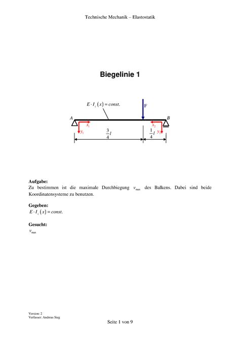 Biegelinie 1 439 Technische Mechanik Elastostatik Biegelinie 1 E