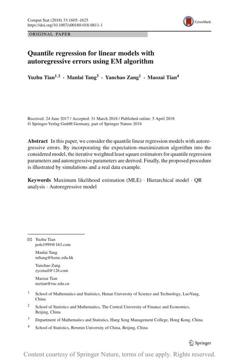 quantile regression for linear models with autoregressive errors using em algorithm request pdf