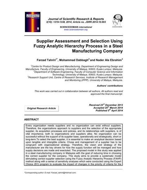 supplier assessment and selection using fuzzy analytic hierarchy process in a steel
