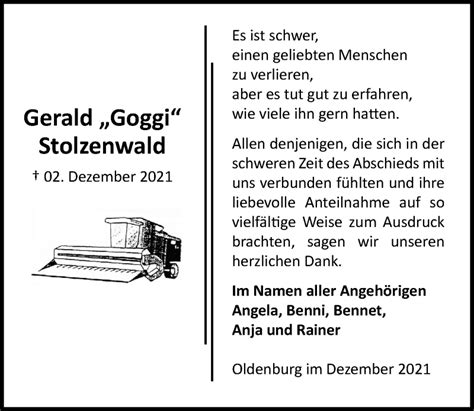 Traueranzeigen Von Gerald Stolzenwald Trauer Anzeigen De