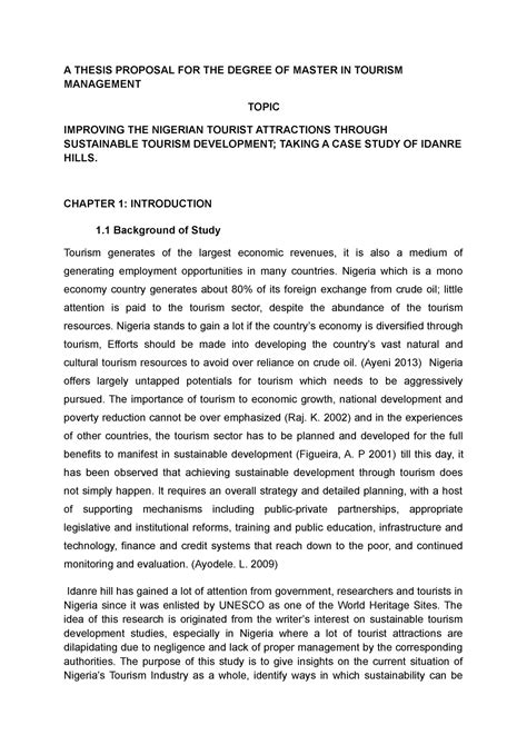 1 A Thesis Proposal FOR THE Degree OF Master IN Tourism Managemen 1 A