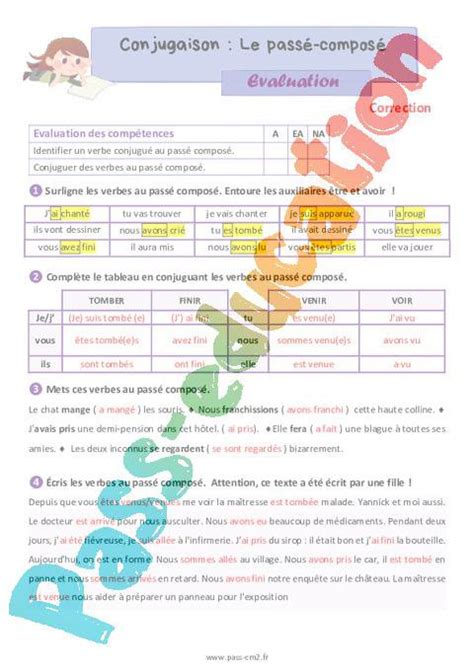 Le passé composé Évaluation de conjugaison pour le cm2 PDF à