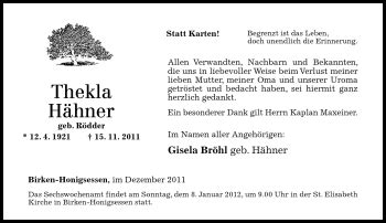 Traueranzeigen von Thekla Hähner rz trauer de