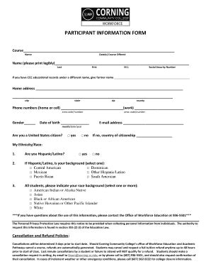 Fillable Online Corning Community College Workforce Participant