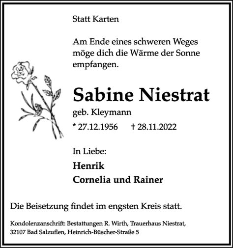 Traueranzeigen Von Sabine Niestrat LZ Trauer