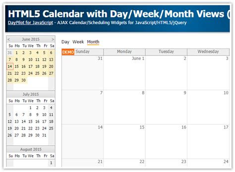 html5 calendar with day week month views javascript php daypilot code