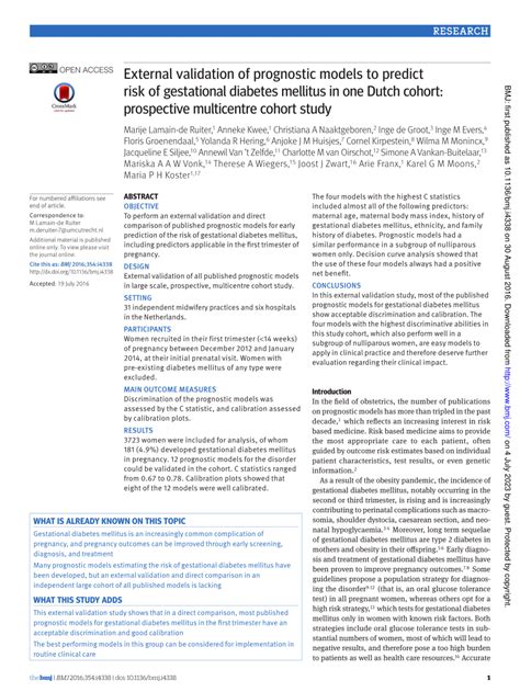 pdf external validation of prognostic models to predict risk of gestational diabetes mellitus