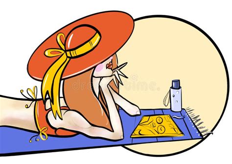 Illustration Fashion Woman Lies Sunbathing In A Swimsuit And A Big Hat From The Sun Vacation By