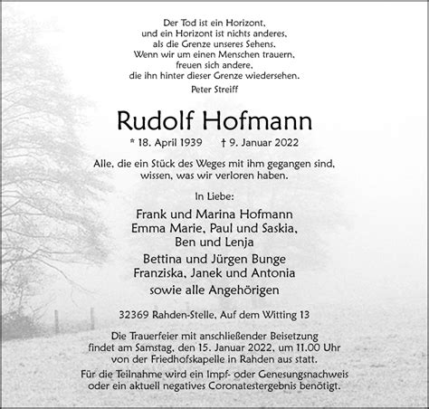 Traueranzeigen Von Rudolf Hofmann Westfalen Blatt De