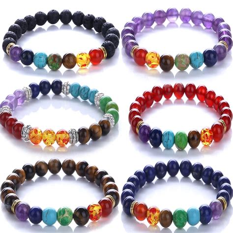 BASEHOME Natural Stone Black Lava Bracelets 7 Chakra Healing Balance
