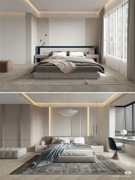 Two Pictures Of A Bedroom With White Walls And Wood Flooring One Has A