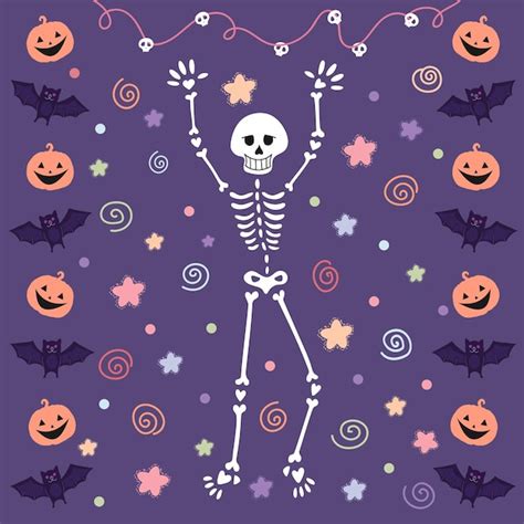 Premium Vector Halloween Greeting Card With A Dancing Skeleton Bats