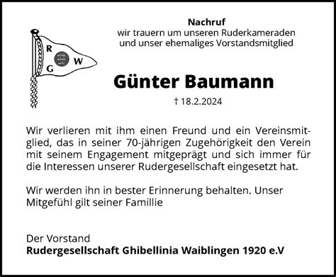 Traueranzeigen von Günter Baumann ZVW Trauer