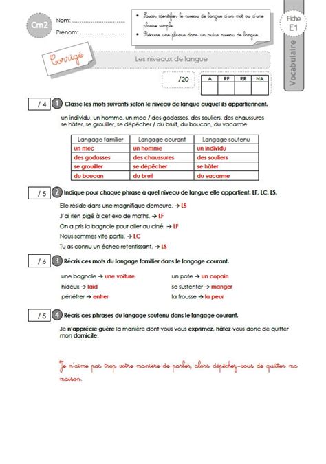 Langage Familier Courant Soutenu Exercices
