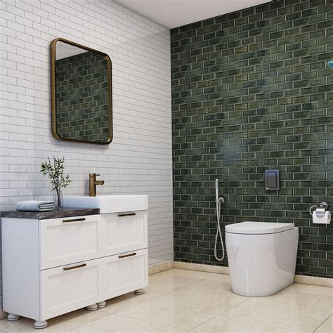 Subway Glossy Green And White Bathroom Tile Design Livspace