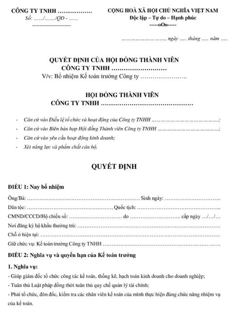 Mẫu quyết định bổ nhiệm kế toán trưởng file Word cập nhật quy định mới