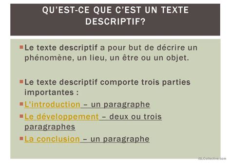 Le Texte Descriptif Fran Ais Fle Powerpoints