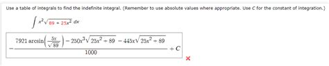 solved use a table of integrals to find the indefinite