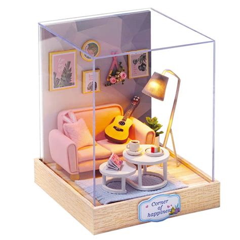 Miniaturowy domek DIY do sklejania składania LED Salon Gitara Lampa