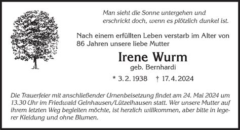 Traueranzeigen Von Irene Wurm Trauer Gnz De