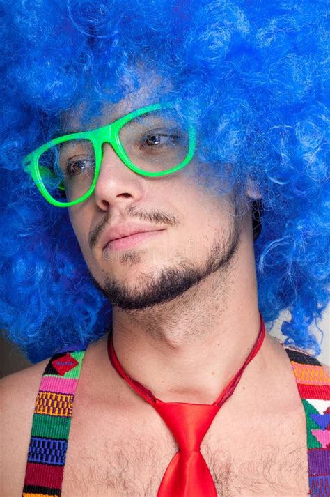 Funny Guy Naked With Blue Wig And Red Tie Stock Image Image Of