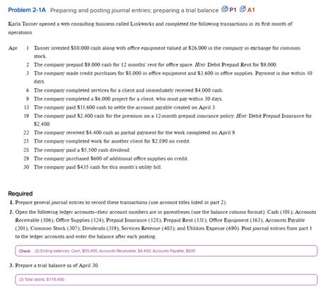 Solved Problem 2 1A Preparing And Posting Journal Entries Chegg