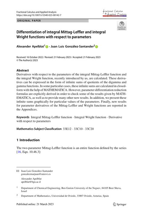 pdf differentiation of integral mittag leffler and integral wright functions with respect to