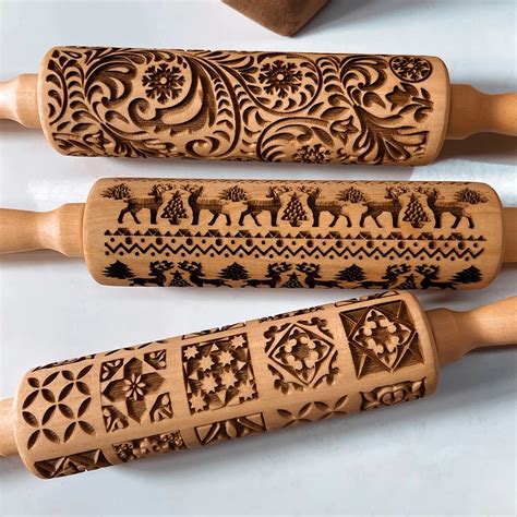 Rodillo de amasar con relieve de madera diseño navideño Vintage palo