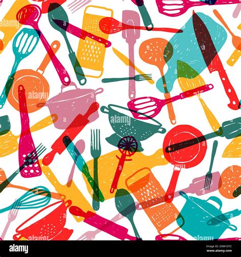 Cooking Tool Set Seamless Pattern Design Diverse Kitchen Utensils In