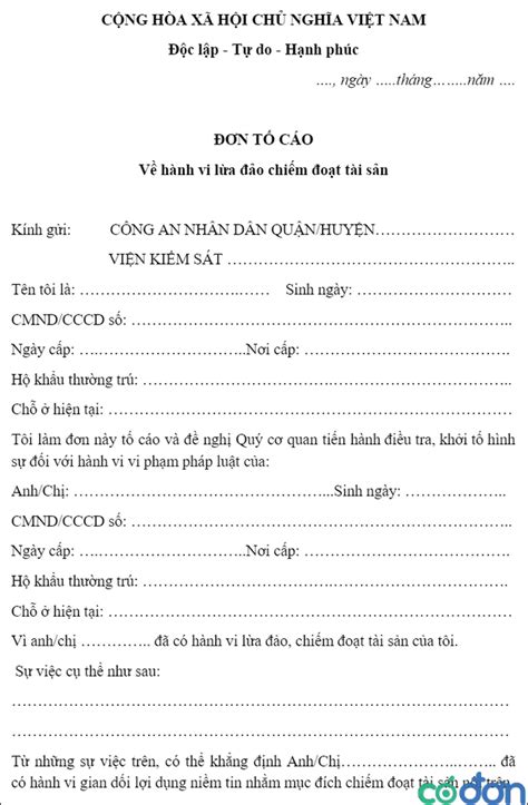 Mẫu đơn tố cáo hành vi lừa đảo chiếm đoạt tài sản mới nhất 2022