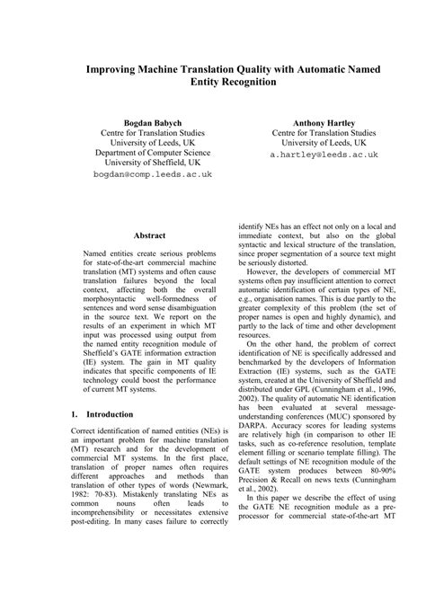pdf improving machine translation quality with automatic named entity recognition