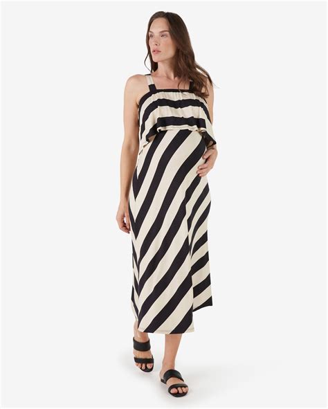 Riachuelo Vestido Midi Gestante Tecido Listrado Bege AK By Riachuelo