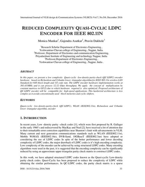 reduced complexity quasi cyclic ldpc encoder for ieee 802 11n pdf