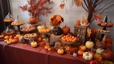 Thanksgiving Dessert Table Decorated With Fall Fruit Background Fall