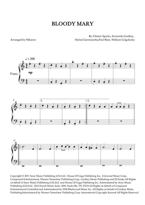 Bloody Mary Arr Milanov Sheet Music Lady Gaga Easy Piano