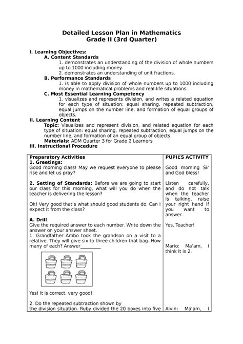 Detailed Lesson Plan Grade Math Rdquarter Detailed Lesson Plan