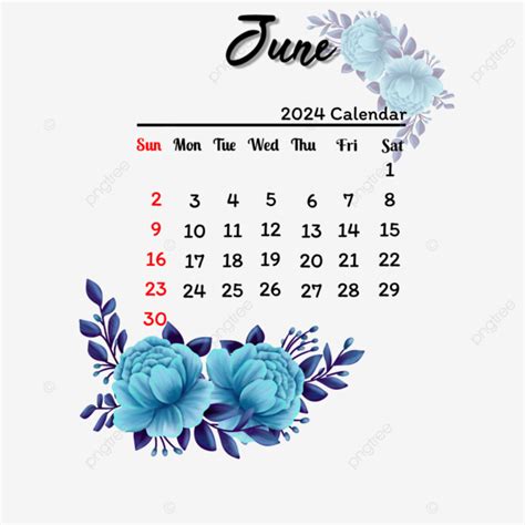 Diseño De Calendario De Junio De 2024 Con Flores PNG Junio 2024