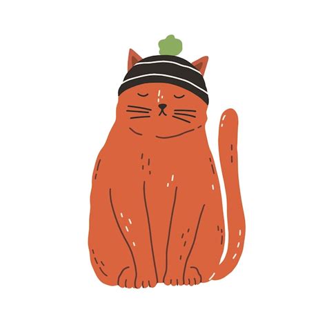 Gato ruivo bonito e engraçado usando chapéu de malha pompom e