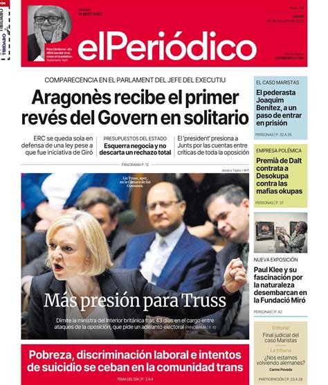 La portada de EL PERIÓDICO del 20 de octubre de 2022