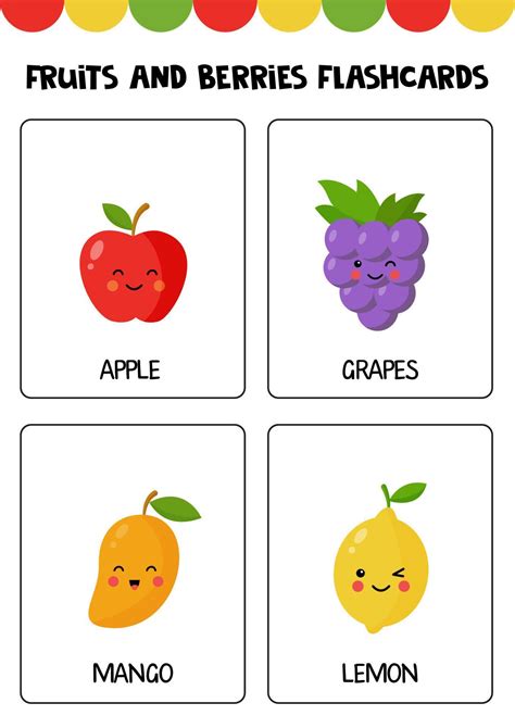 fruits et baies de dessin animé mignon avec des noms flashcards pour