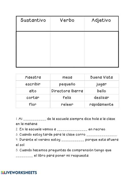 Verbos Sustantivos Adjetivos Ficha Interactiva